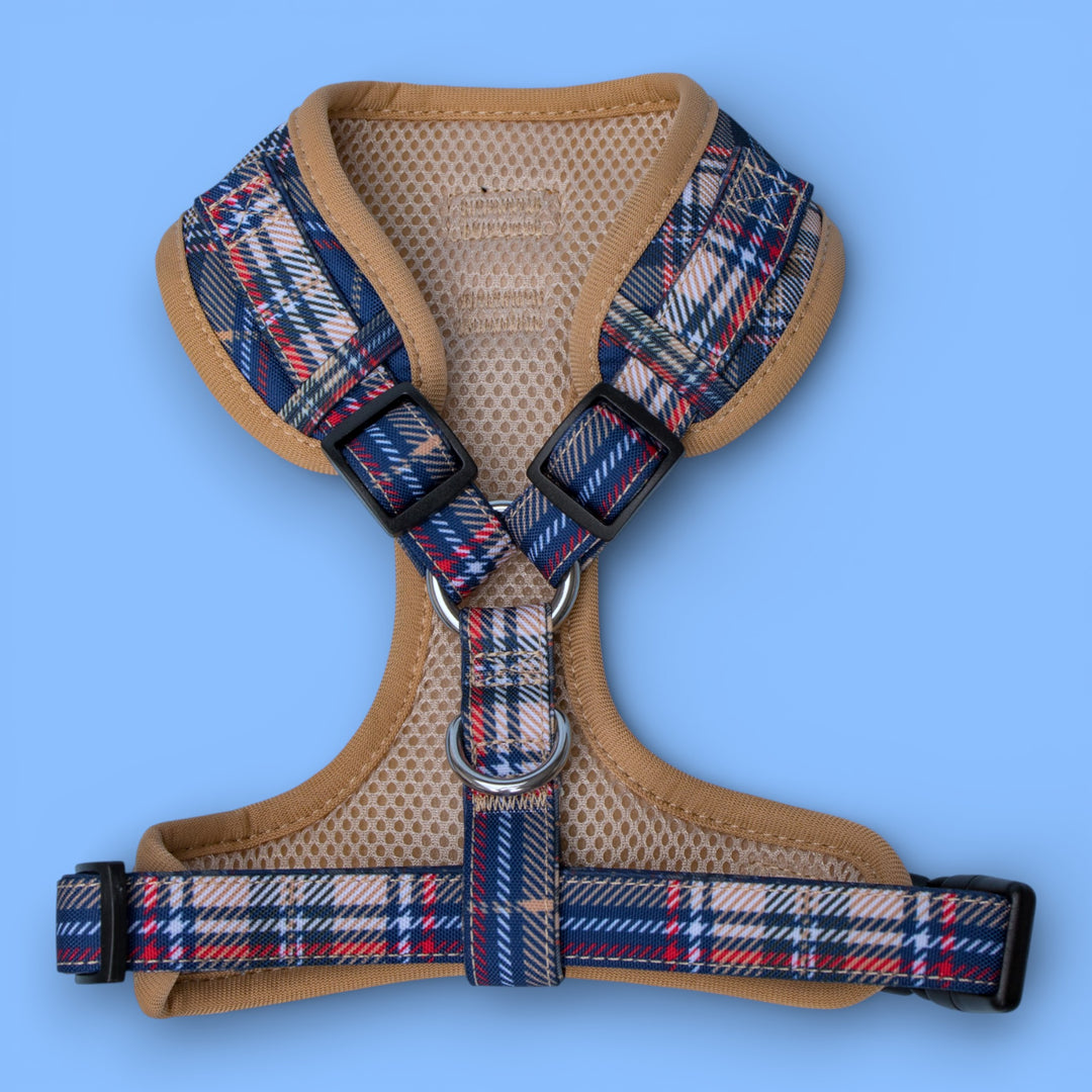 Highland Charm Dog Harness | Navy Plaid Stainless Steel – Dizzy Dog Collars