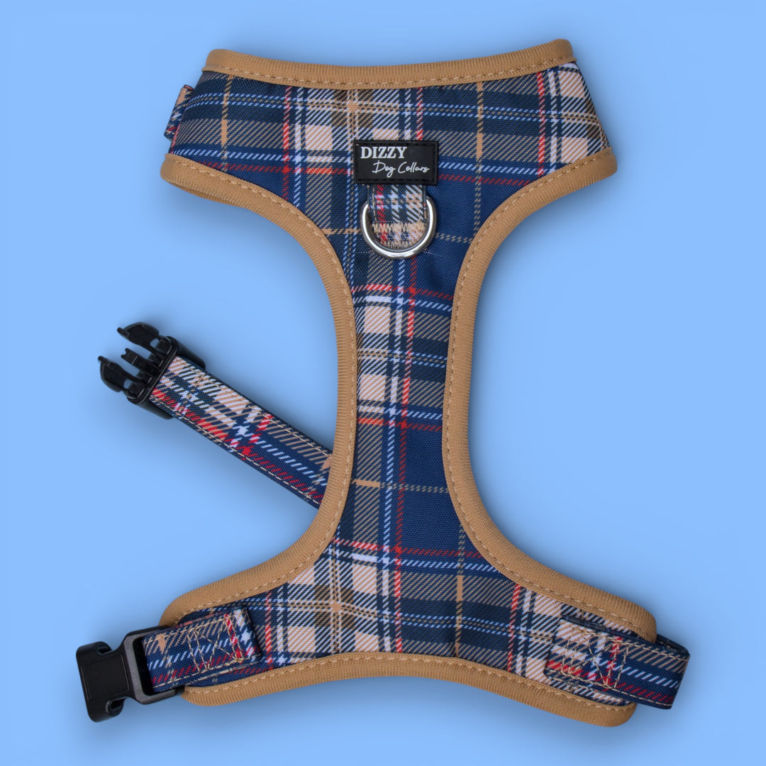 Highland Charm Dog Harness | Navy Plaid Stainless Steel – Dizzy Dog Collars